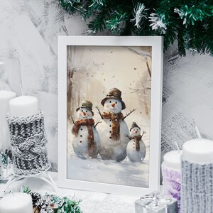 Three Snowmen in Snow Forest Printable Wall Art, Vintage Christmas ...
