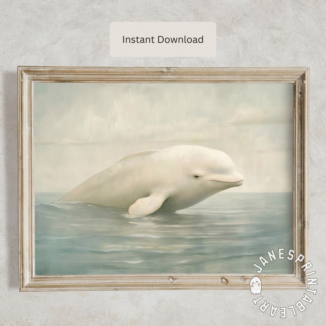 Beluga Whale Seascape Picture Digital Download, Vintage Coastal Print ...
