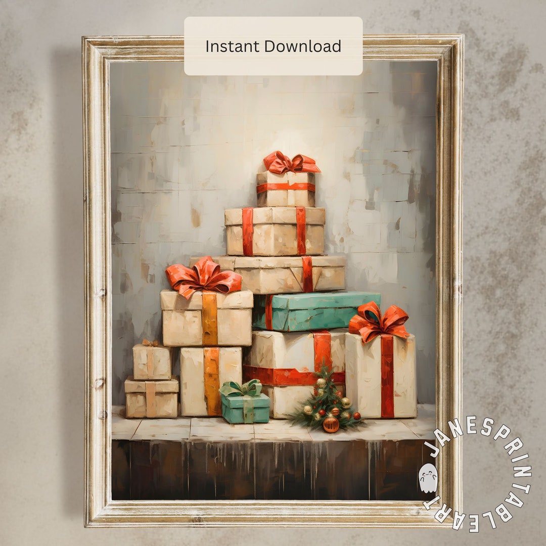 Printable Painting of Stacked Retro Christmas Presents Digital Download ...