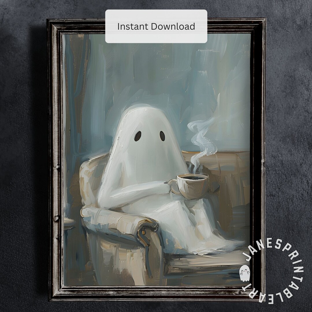 Ghost Drinking Coffee Printable Wall Art, Cozy Kitchen Print for Ghost ...
