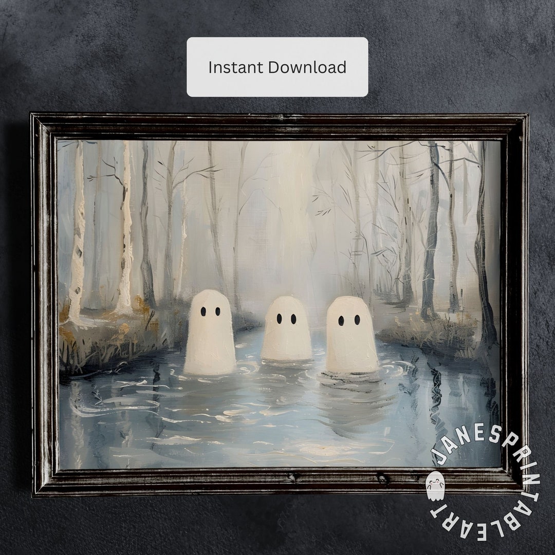 Cute Little Ghosts Swimming in Forest River Digital Print, Spooky Cute ...