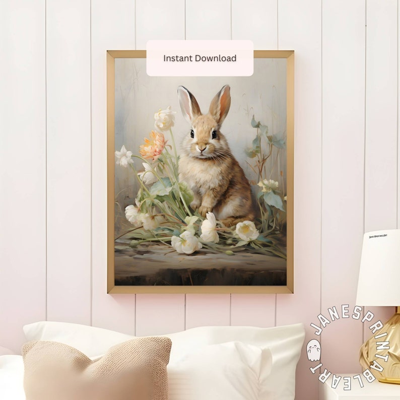 Spring Bunny Rabbit Printable Wall Art Digital Download, Floral Bunny ...