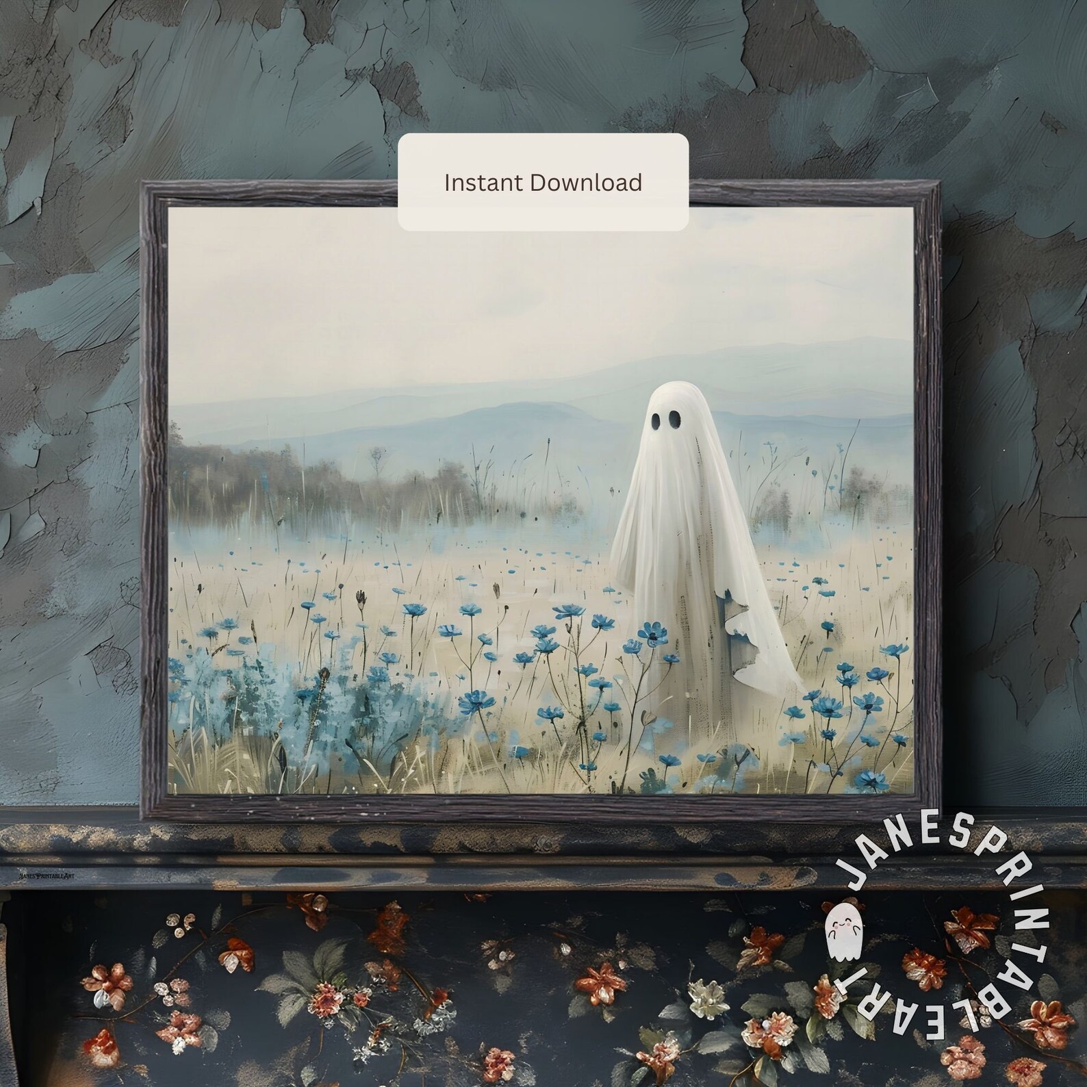 Light Blue Ghost Painting Digital Download, Cute Ghost in Wildflowers ...