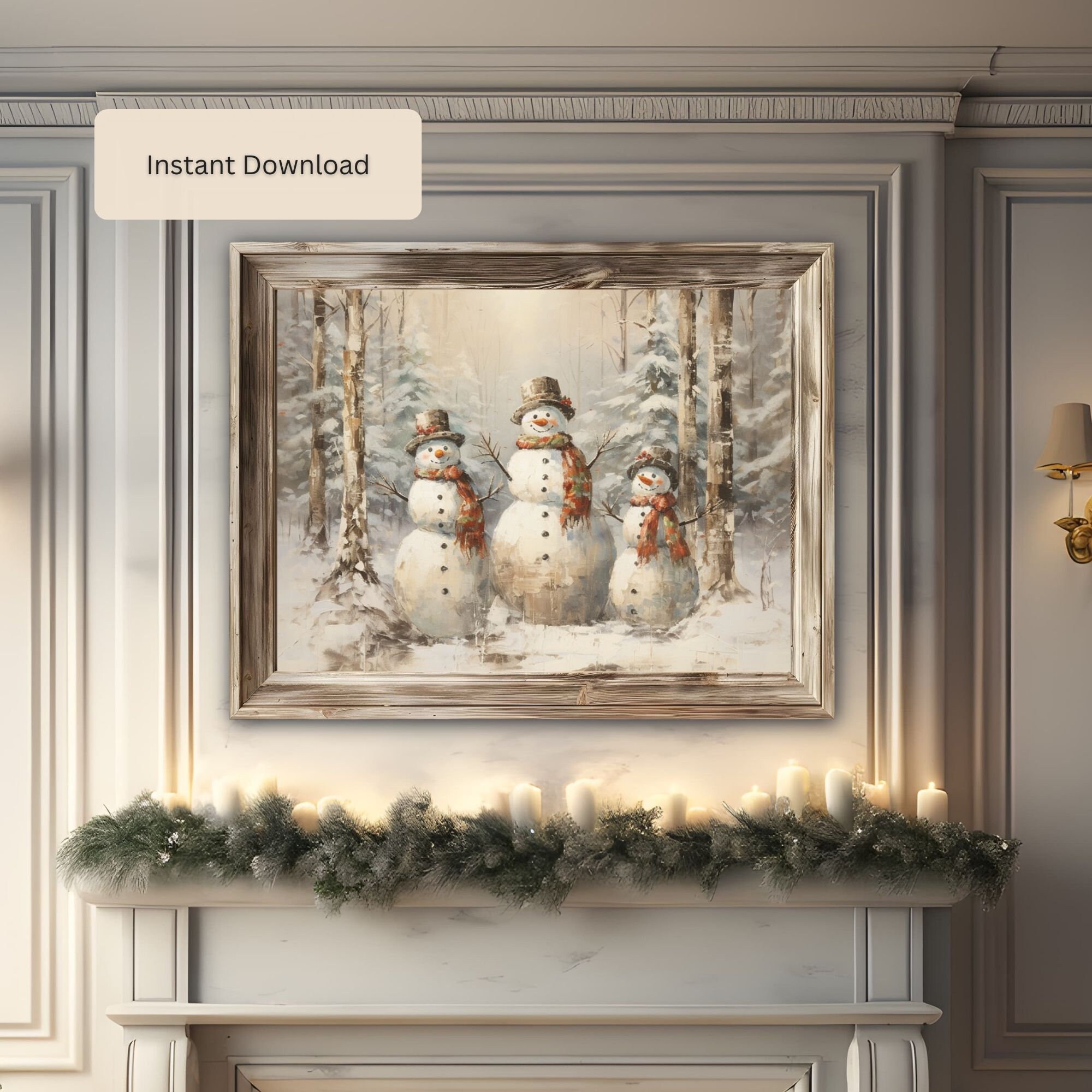 Winter Theme Print of Snowmen in the Snowy Forest, Christmas Muted ...