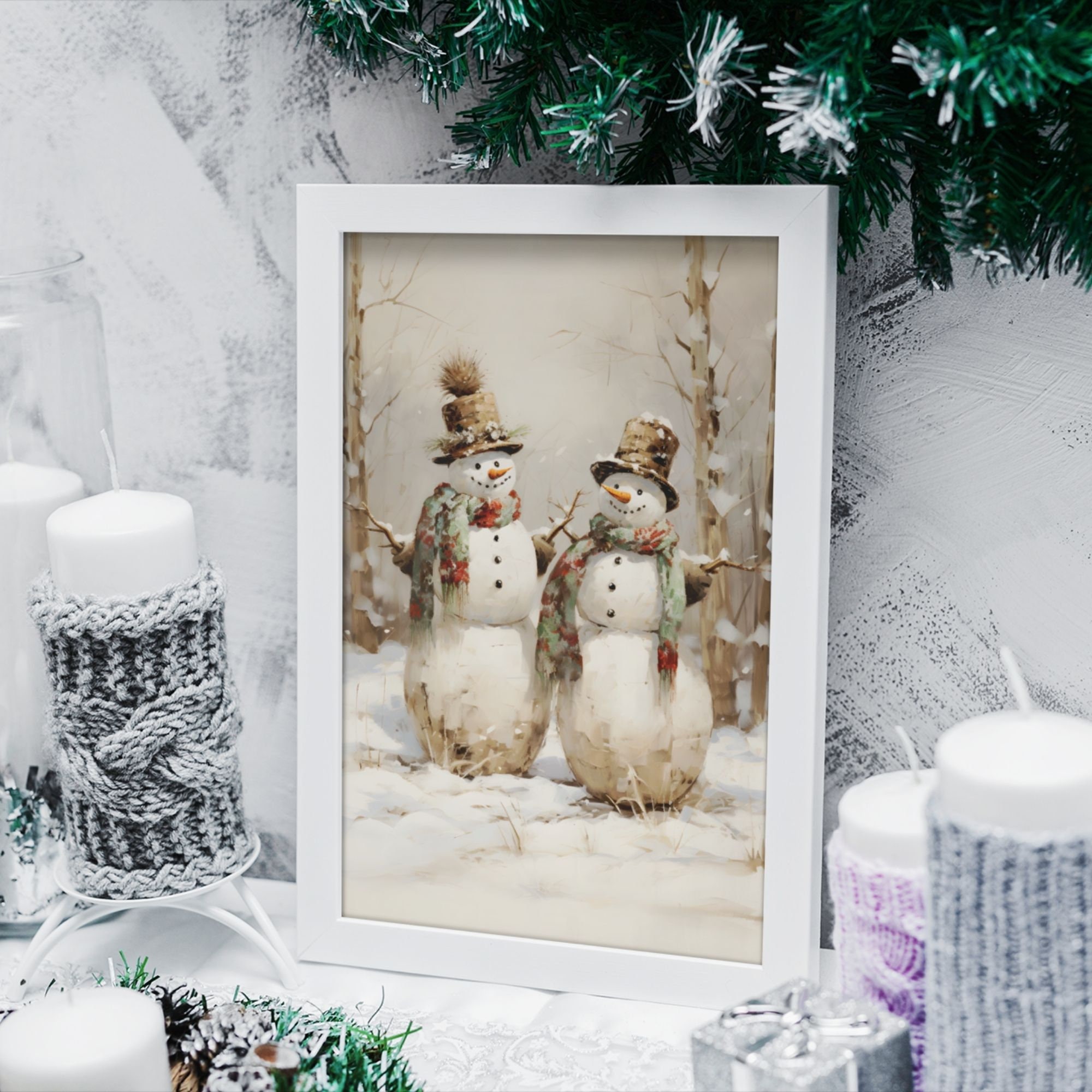 Vintage Snowmen Standing in the Woods, Winter Printable Wall Art ...