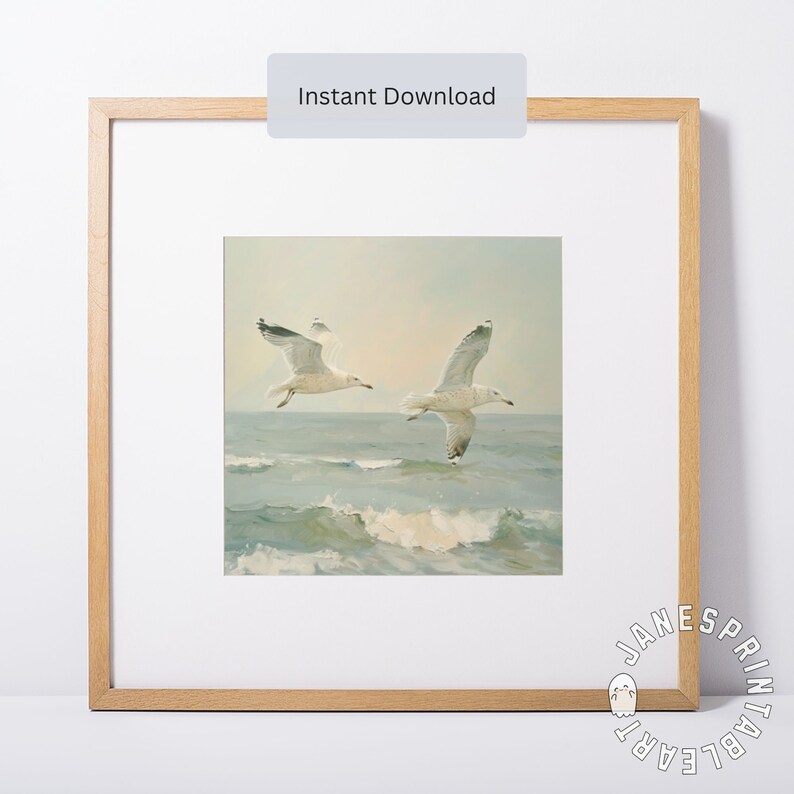 Coastal Landscape With Seagulls Printable Wall Art, Blue Vintage Sea ...