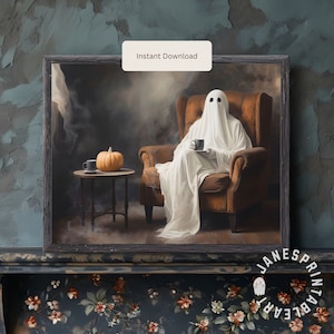 Spooky Coffee Lover Ghost Printable Landscape Halloween Wall Art, Hot ...