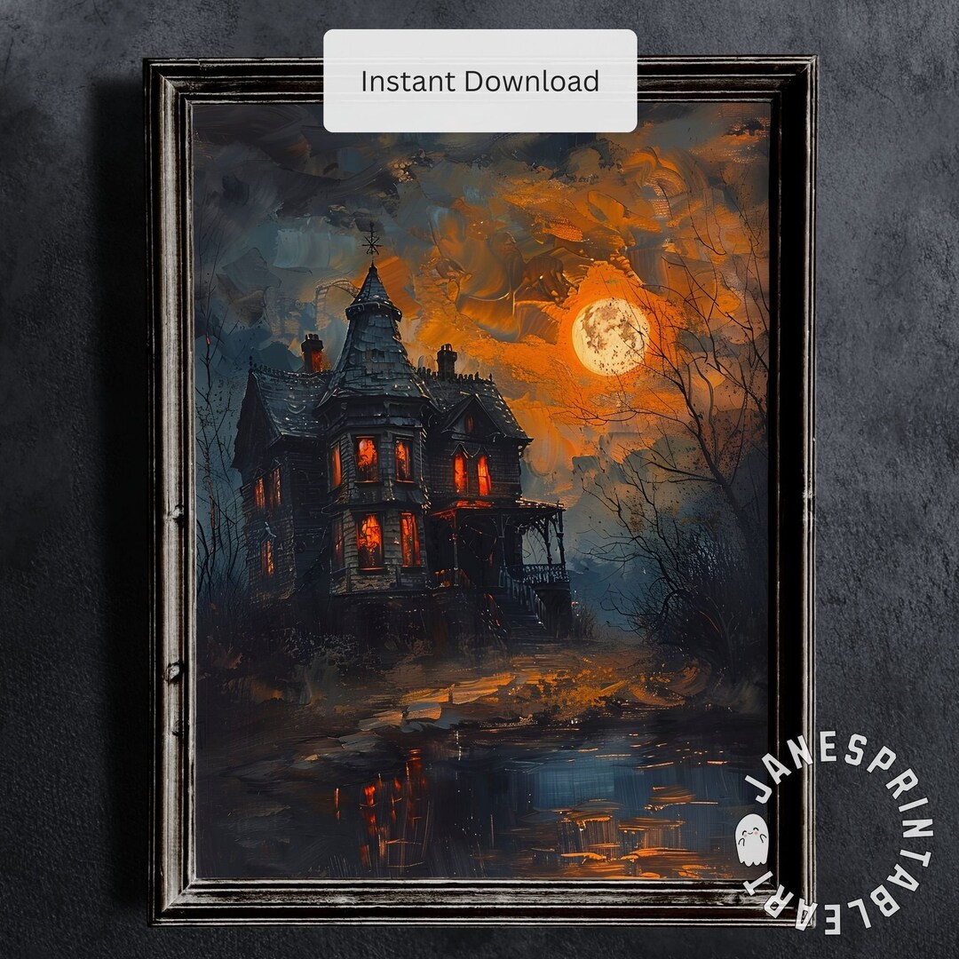 Haunted House Printable Wall Art, Halloween Wall Art Digital Print ...