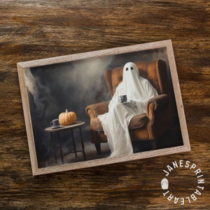 Spooky Coffee Lover Ghost Printable Landscape Halloween Wall Art, Hot ...