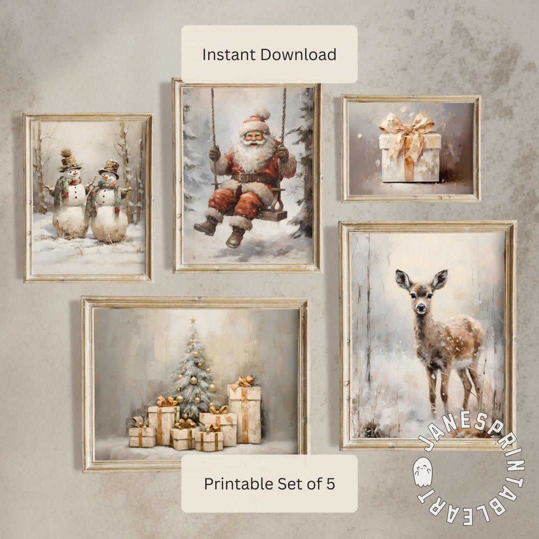 Pastel Christmas Set of 5 Prints Digital Download, Muted Color Winter ...
