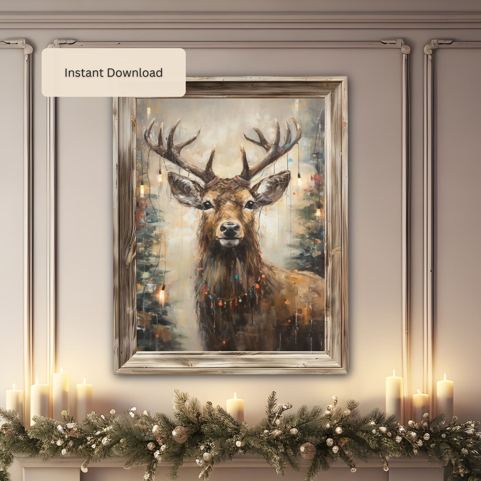 Christmas Reindeer Printable Wall Art Digital Download Earthly Tones Xmas Deer Picture