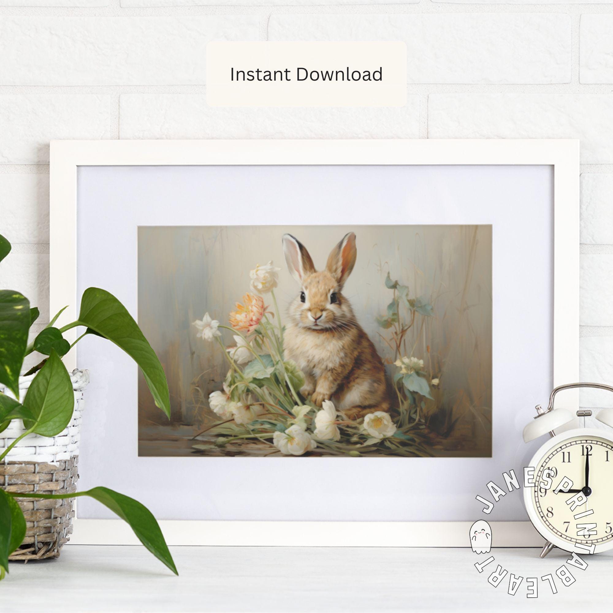 Spring Bunny Rabbit Printable Wall Art Digital Download, Floral Bunny ...