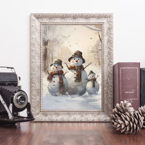 Three Snowmen in Snow Forest Printable Wall Art, Vintage Christmas ...