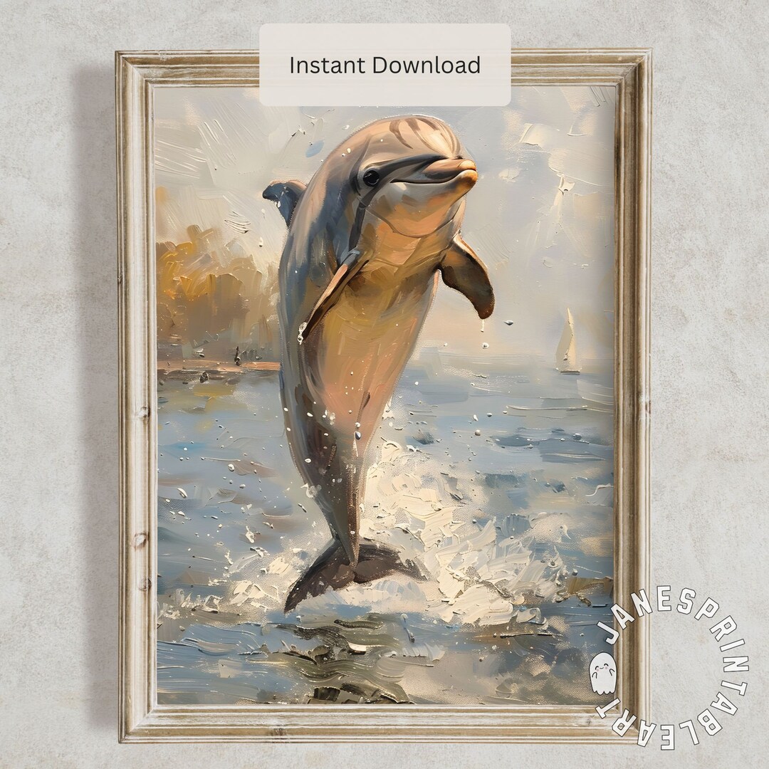 Cute Dolphin Portrait Printable Wall Art, Vintage Coastal Print Digital ...