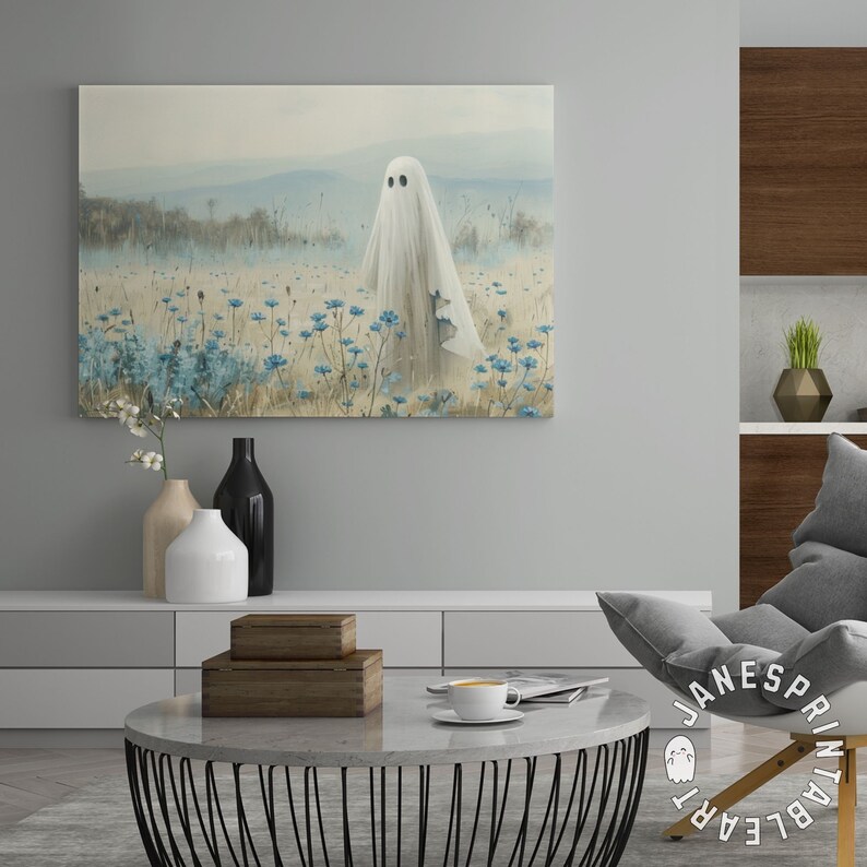 Light Blue Ghost Painting Digital Download, Cute Ghost in Wildflowers ...