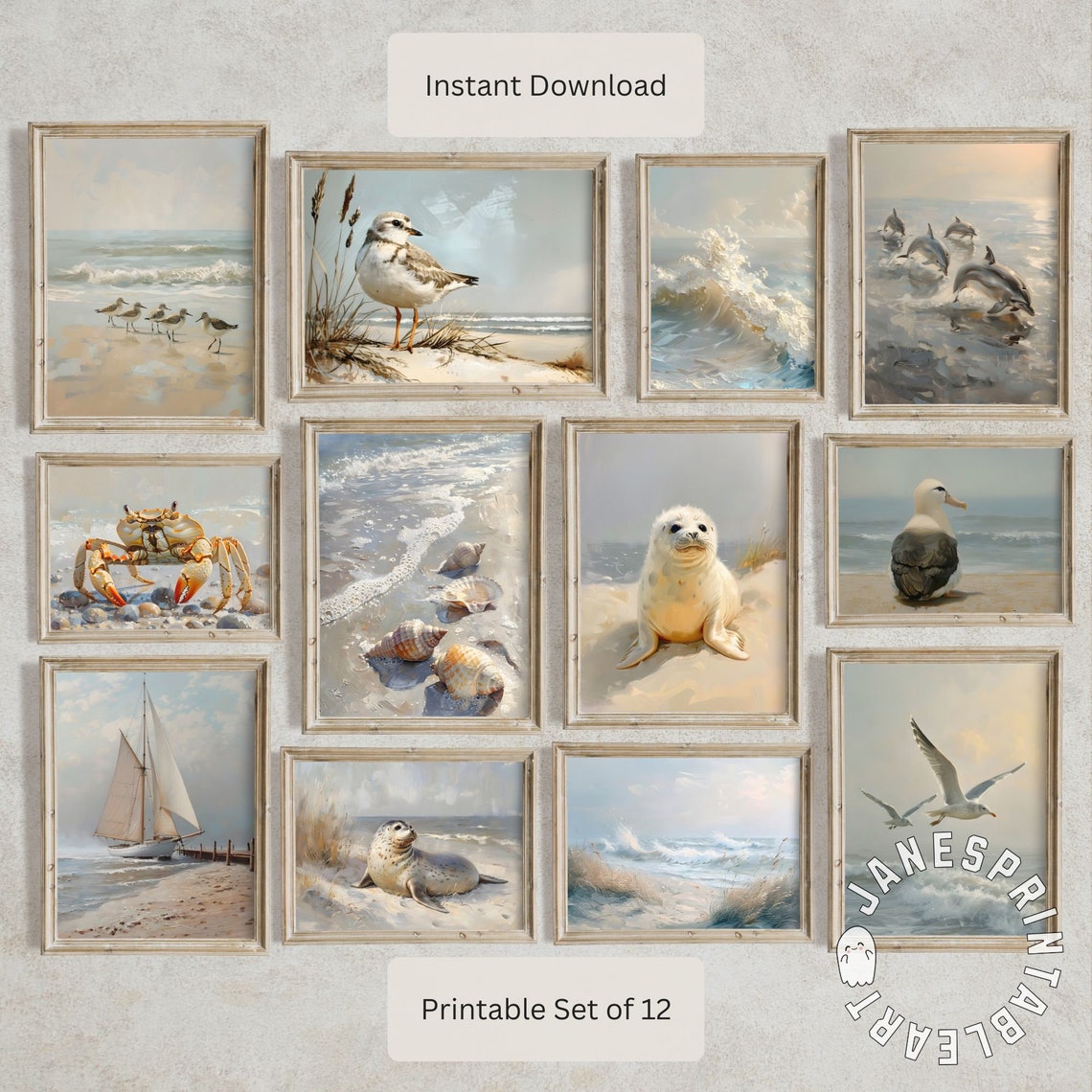 Ocean Animals and Shoreline Birds Gallery Wall Art, Nautical Set of 12 ...