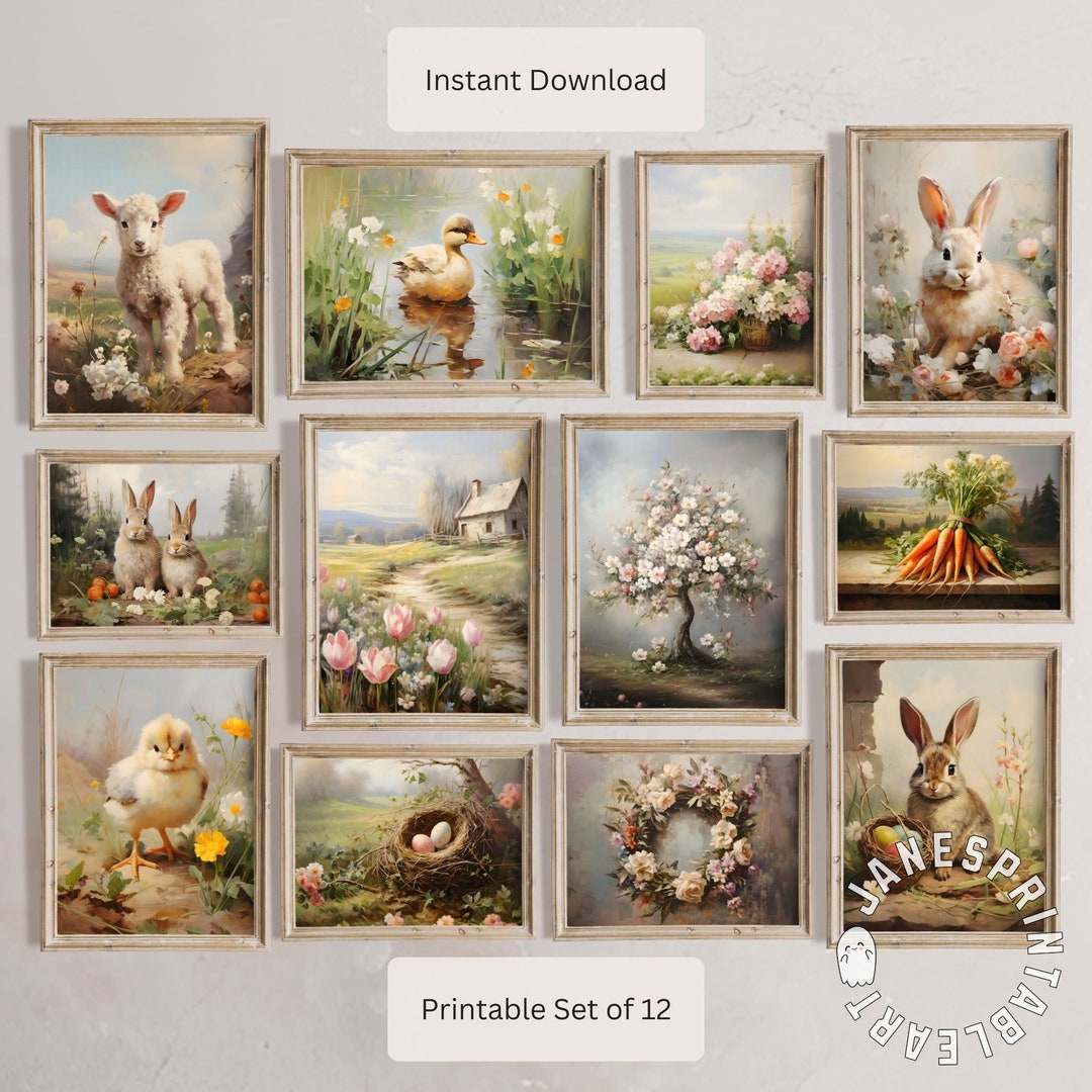 Easter Wall Art Bundle of 12 Pictures, Spring Printable Wall Art Set of ...