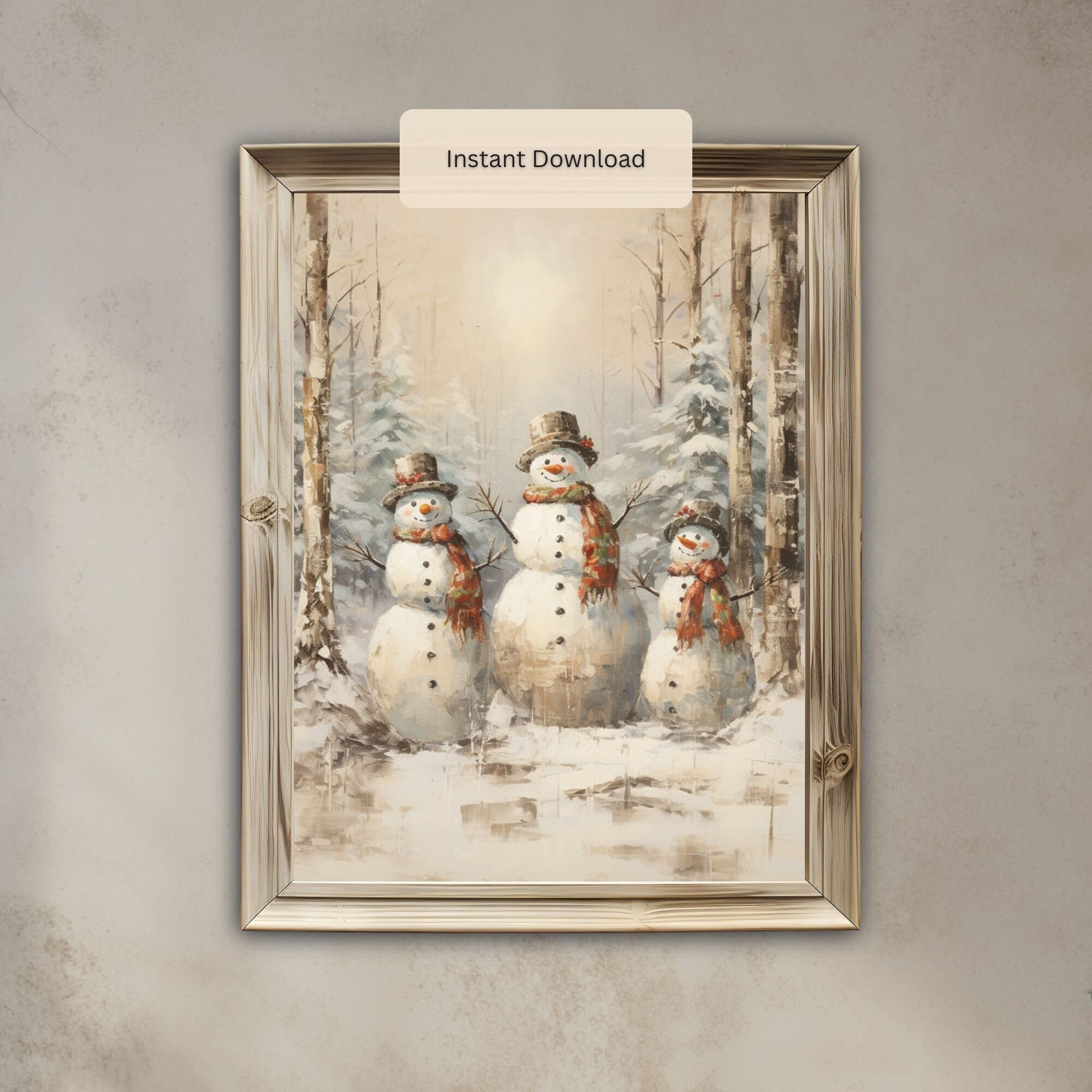 Winter Theme Print of Snowmen in the Snowy Forest, Christmas Muted ...