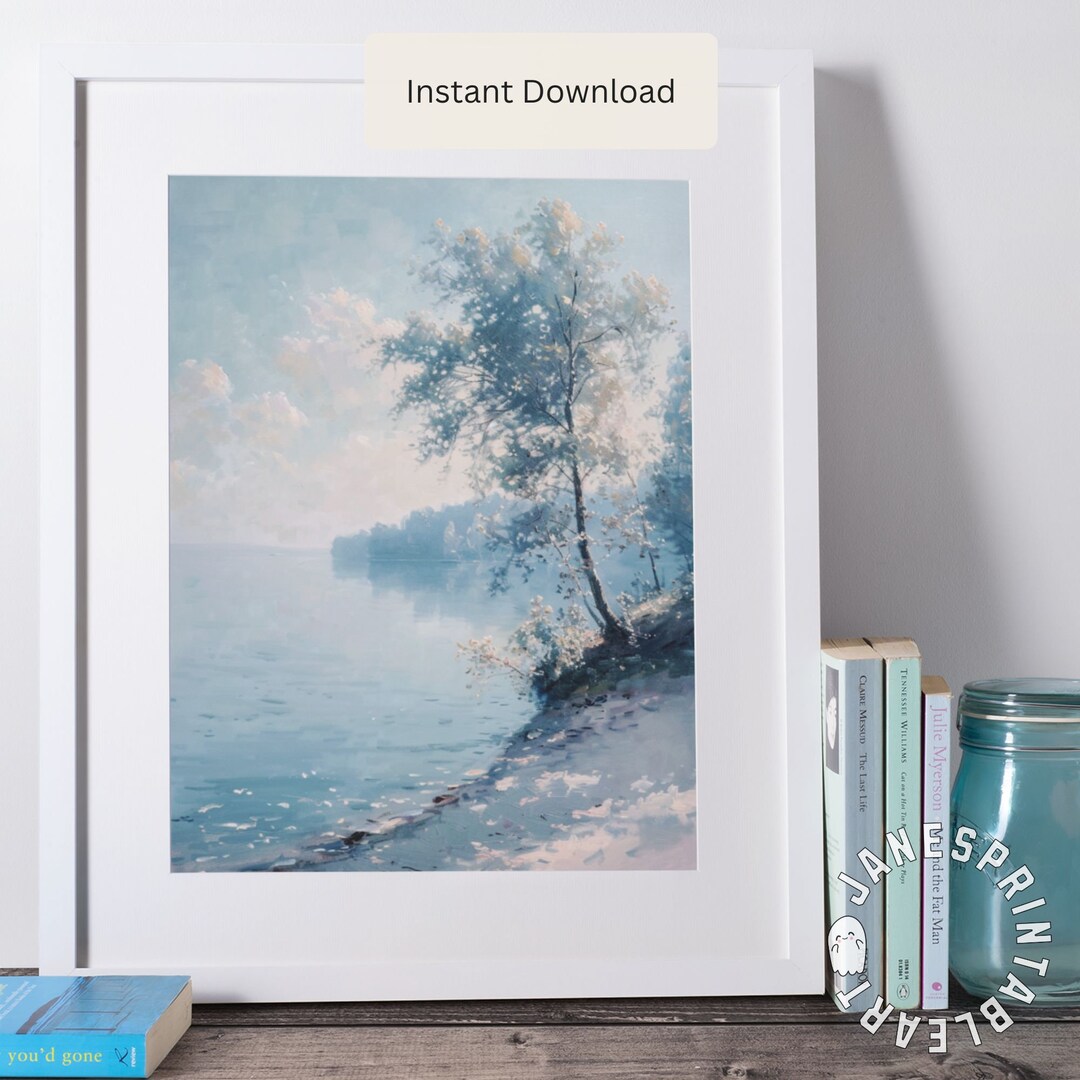 Light Blue Landscape With a Lake Printable Wall Art, Vintage Coastal ...