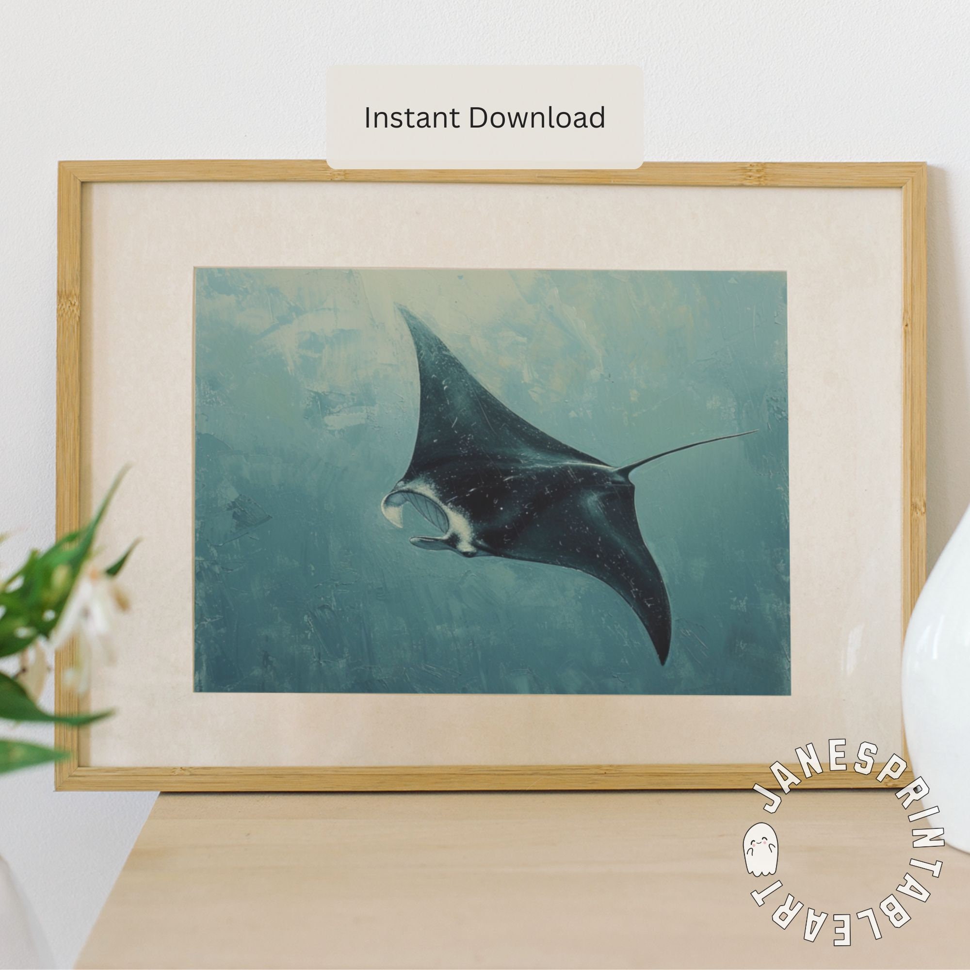 Deep Blue Nautical Printable Wall Art, Vintage Manta Ray Print Digital ...
