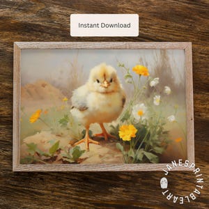 Cute Easter Chick Printable Wall Art, Yellow Baby Chicken Oil Painting ...