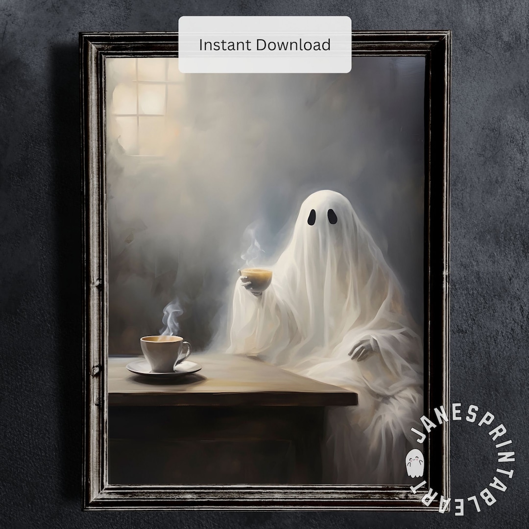 Coffee Lover Ghost | Dark Academia Halloween Print | Ghost Drinking ...