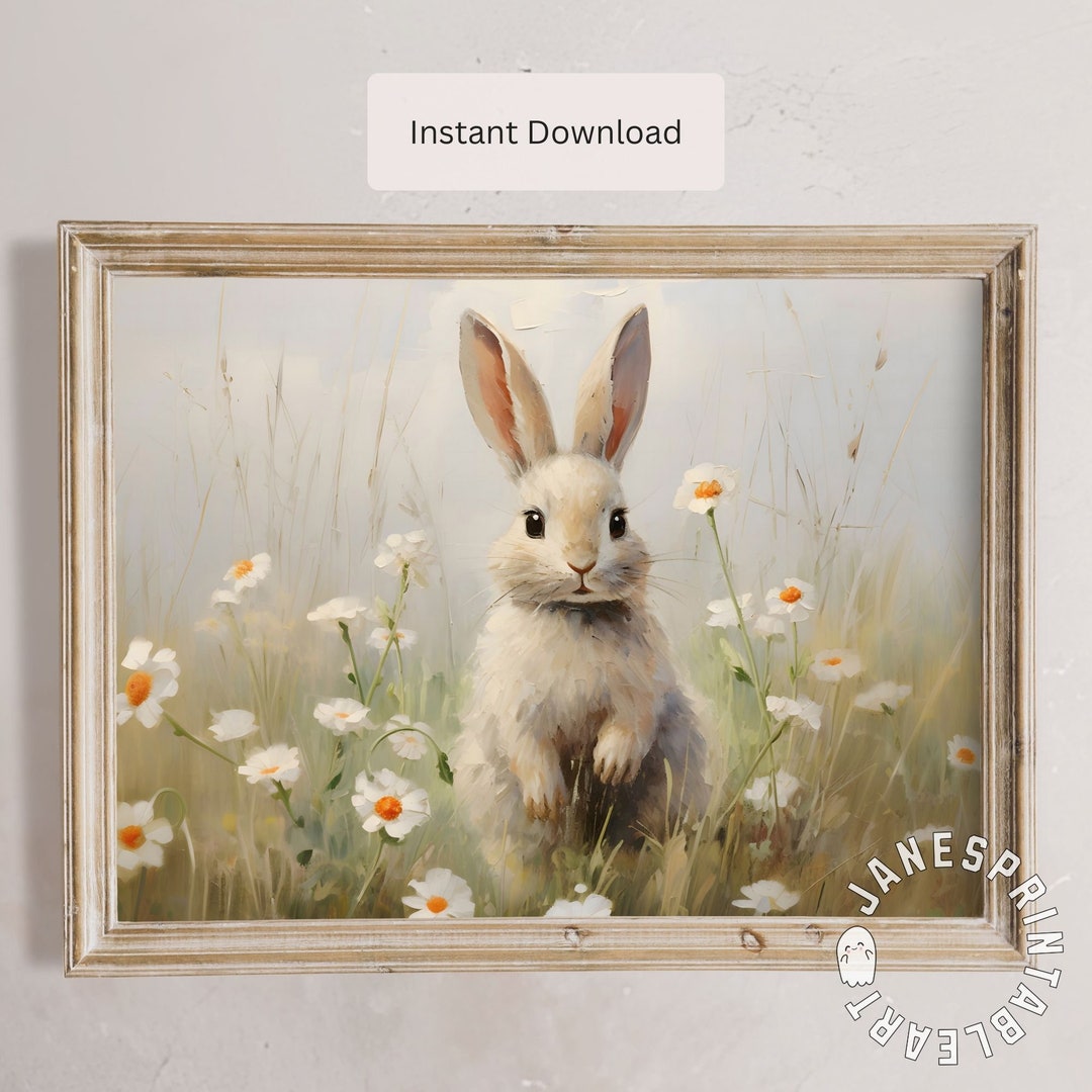 Spring Bunny Painting Printable Wall Art, Floral Bunny Print Digital ...