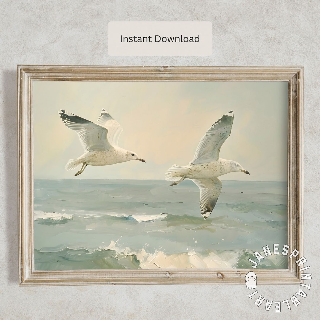 Coastal Landscape With Seagulls Printable Wall Art, Blue Vintage Sea ...