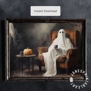 Spooky Coffee Lover Ghost Printable Landscape Halloween Wall Art, Hot ...