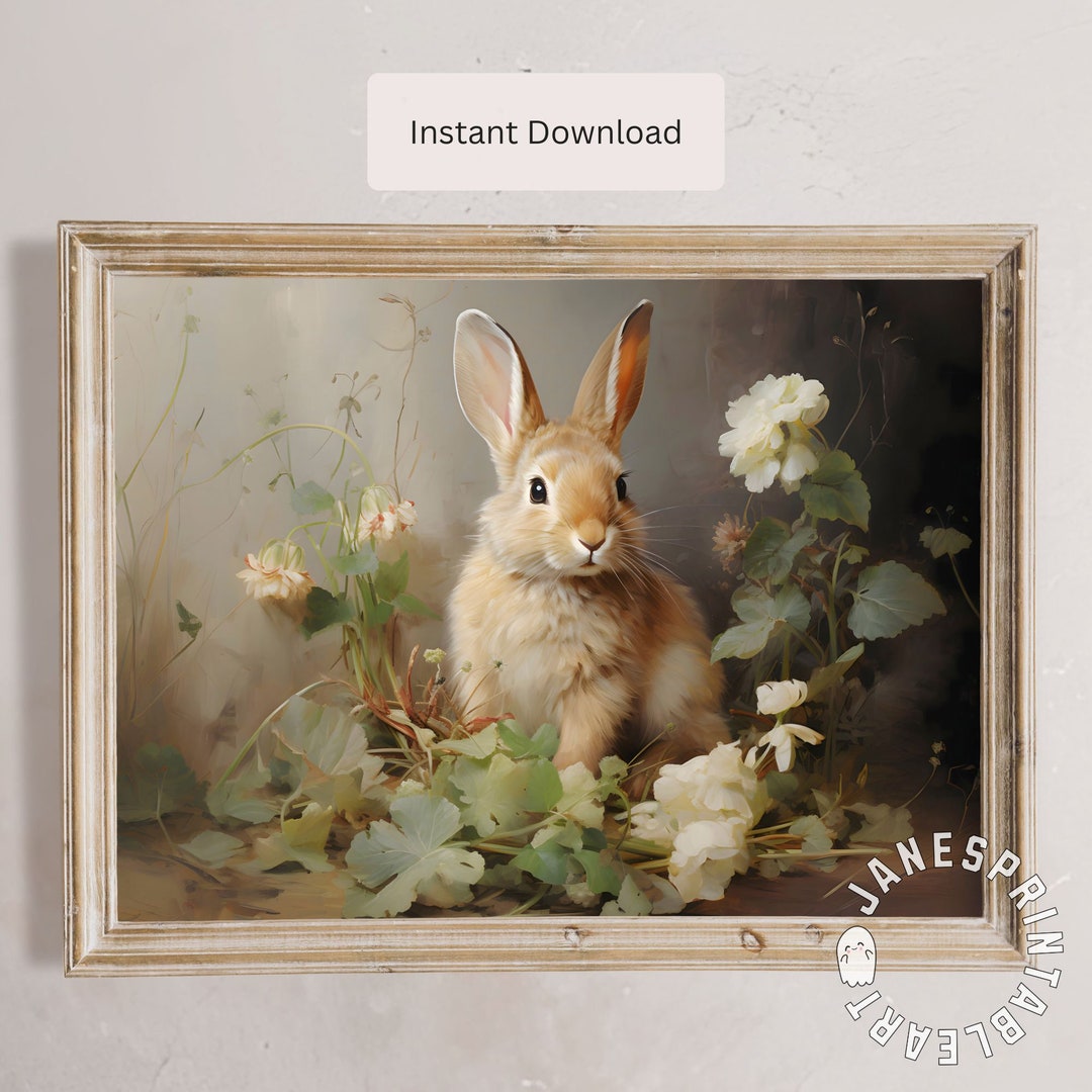 Floral Bunny Wall Art Print Digital Download, Cute Rabbit Amidst ...