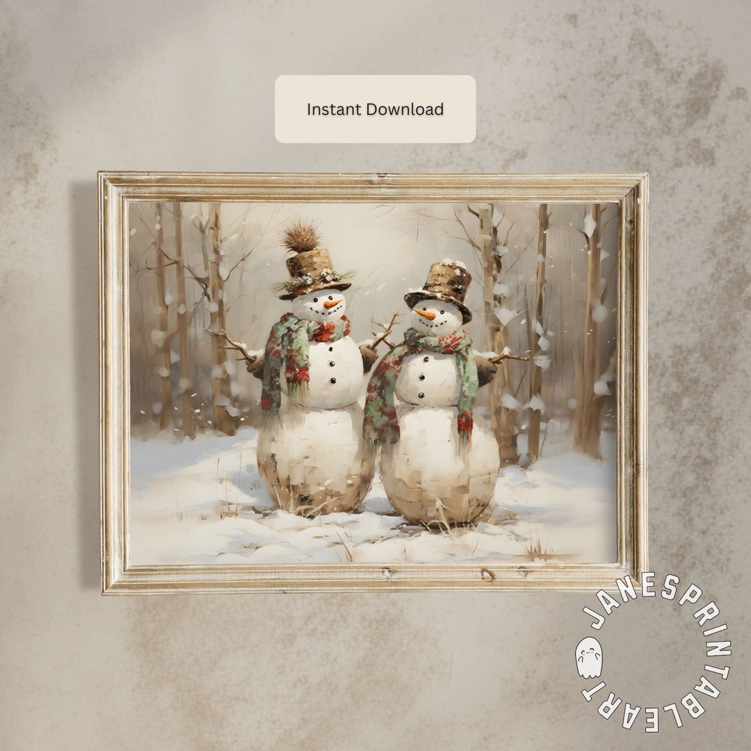 Vintage Snowmen Standing in the Woods, Winter Printable Wall Art ...
