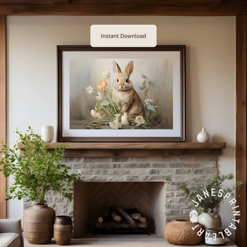 Spring Bunny Rabbit Printable Wall Art Digital Download, Floral Bunny ...
