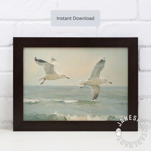 Coastal Landscape With Seagulls Printable Wall Art, Blue Vintage Sea ...