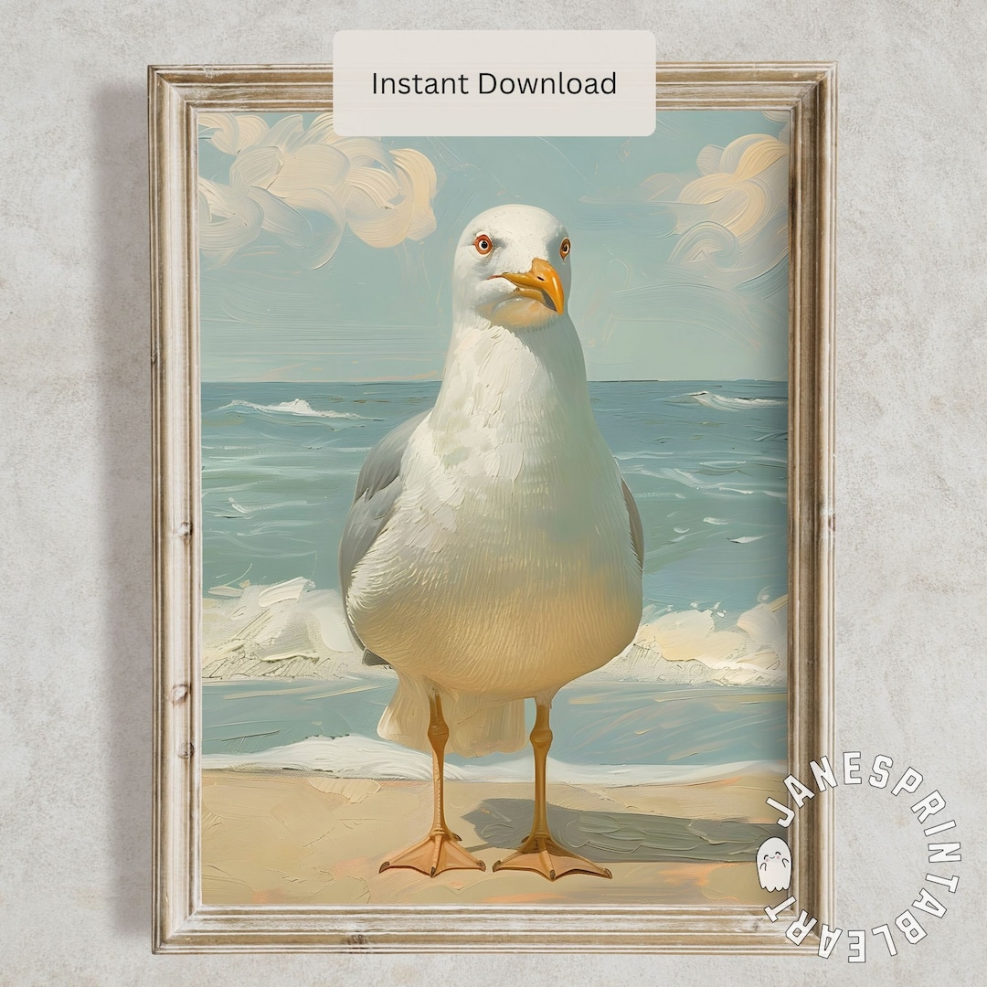 Seagull on the Beach Printable Wall Art, Coastal Print for Bird Lovers ...