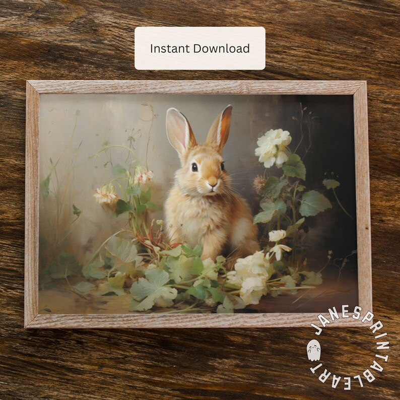Floral Bunny Wall Art Print Digital Download, Cute Rabbit Amidst ...