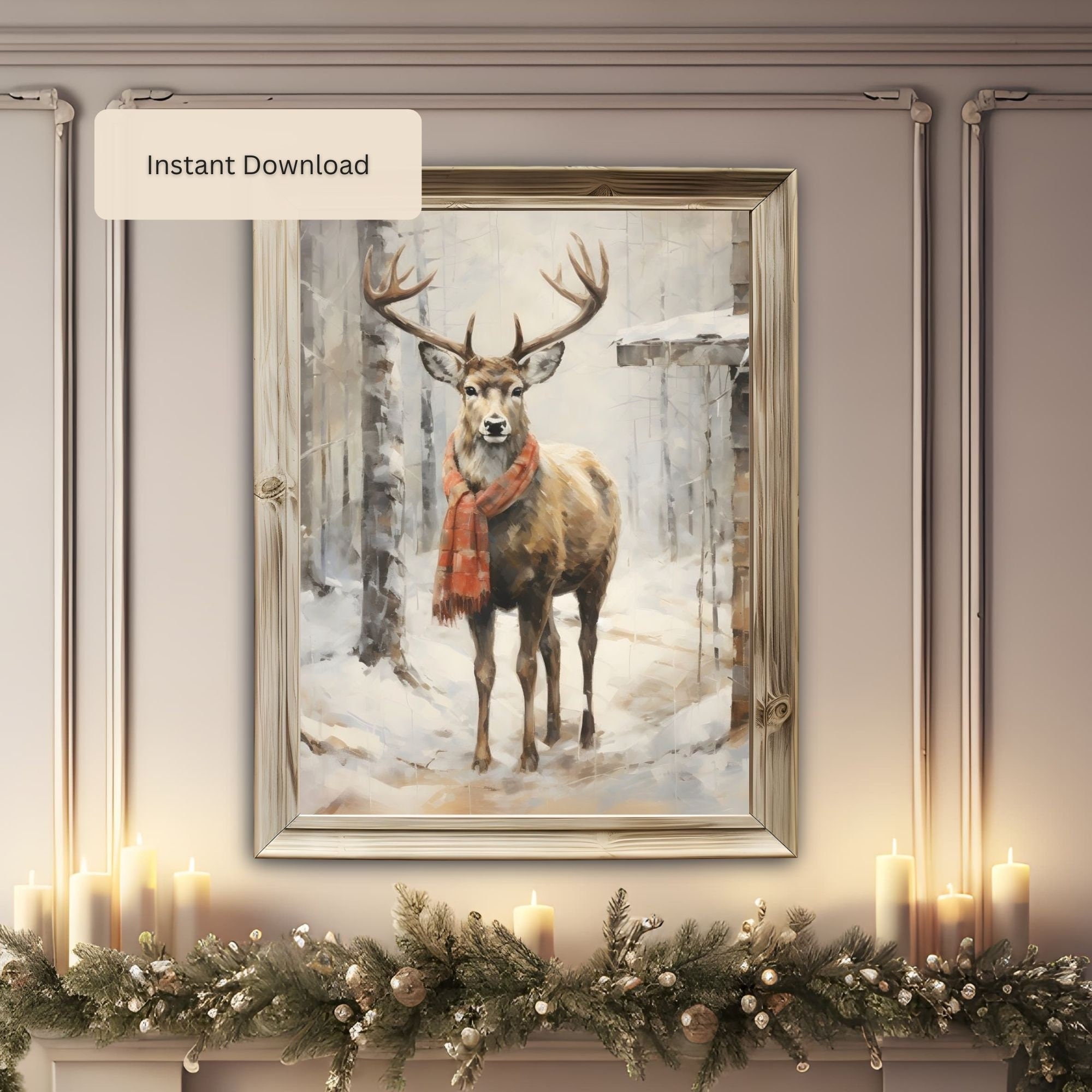 Cozy Winter Print Poster of a Reindeer in a Scarf, Christmas Reindeer ...