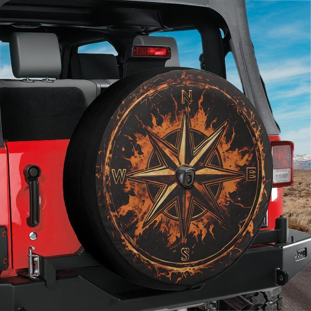 Spare Tire Cover Compass Black and Orrange Fire for Jeep Ford Bronco ...