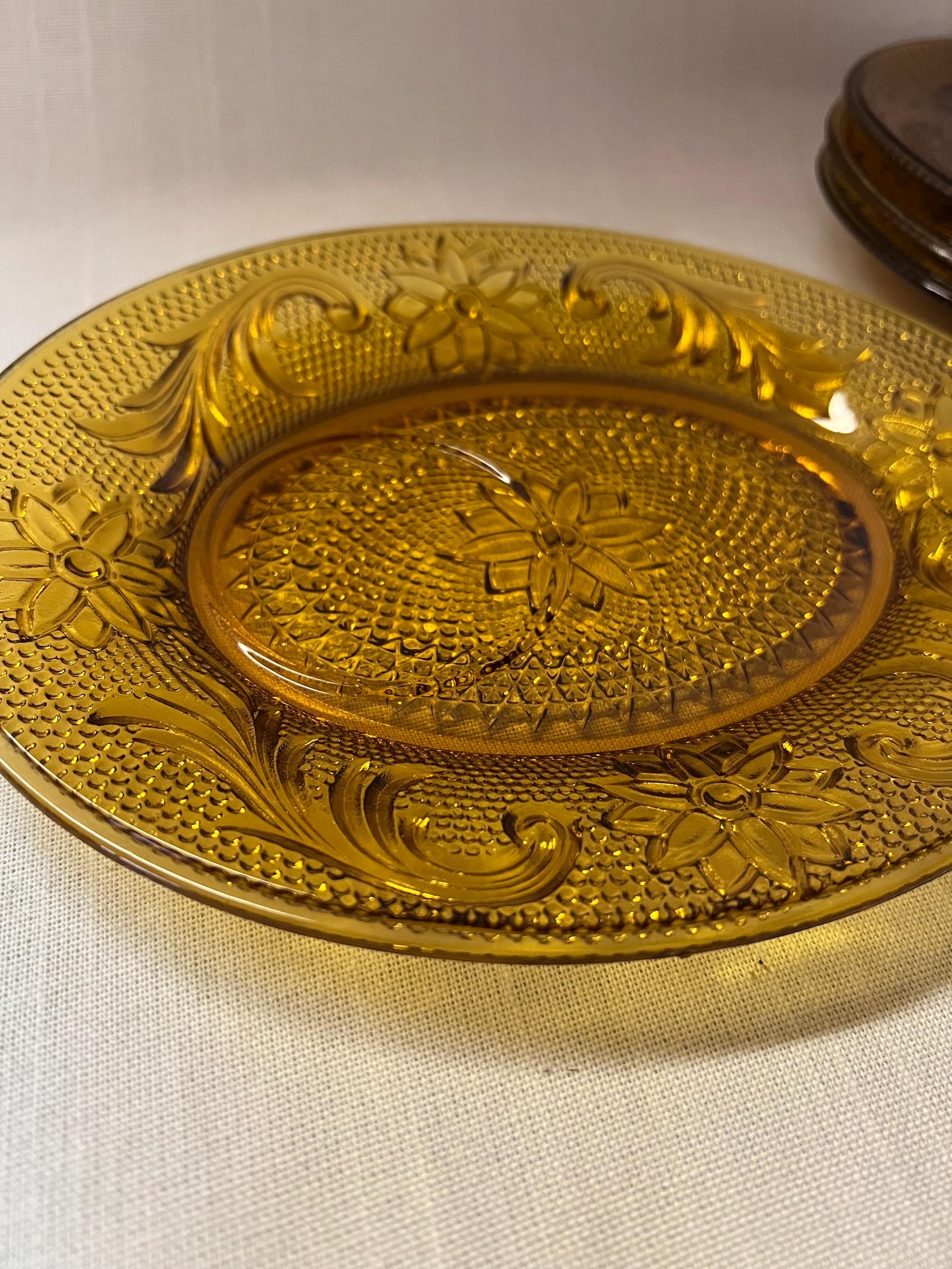 Vintage Amber Glass Plates Set Intricate Floral & Scroll Design Retro ...