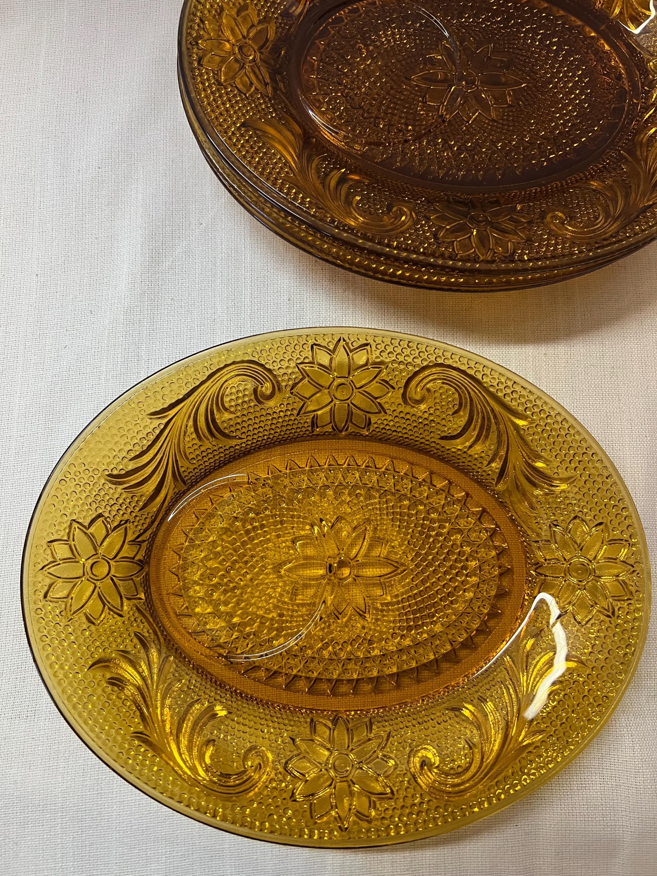 Vintage Amber Glass Plates Set Intricate Floral & Scroll Design Retro ...