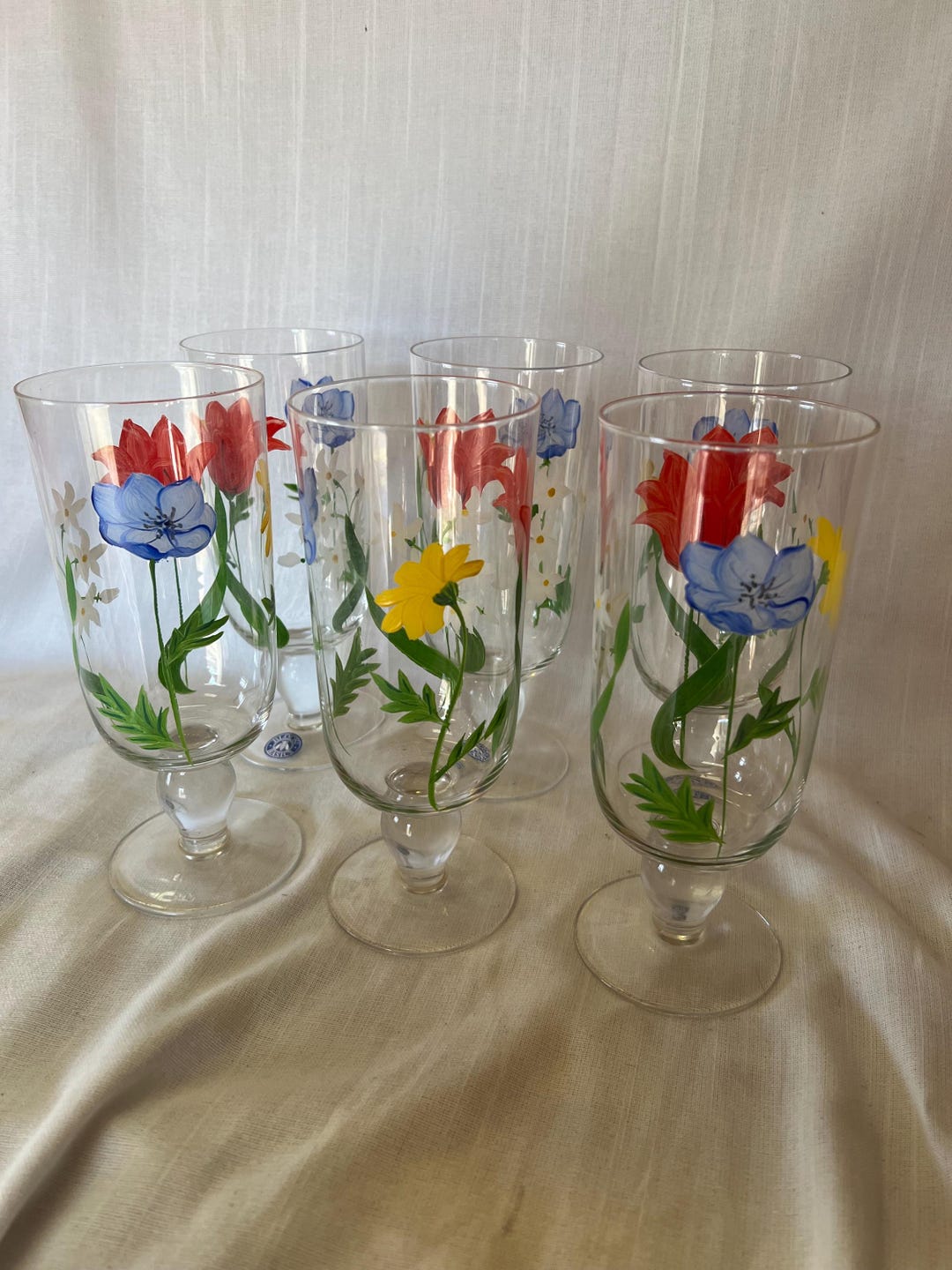Hand-painted Floral Glassware Set of 6 – Colorful Vintage Flower Design ...