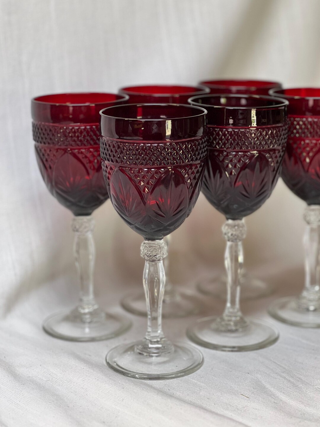 Vintage Ruby Red Cut Glass Goblets – Set of 6 | Elegant Wine Glasses ...