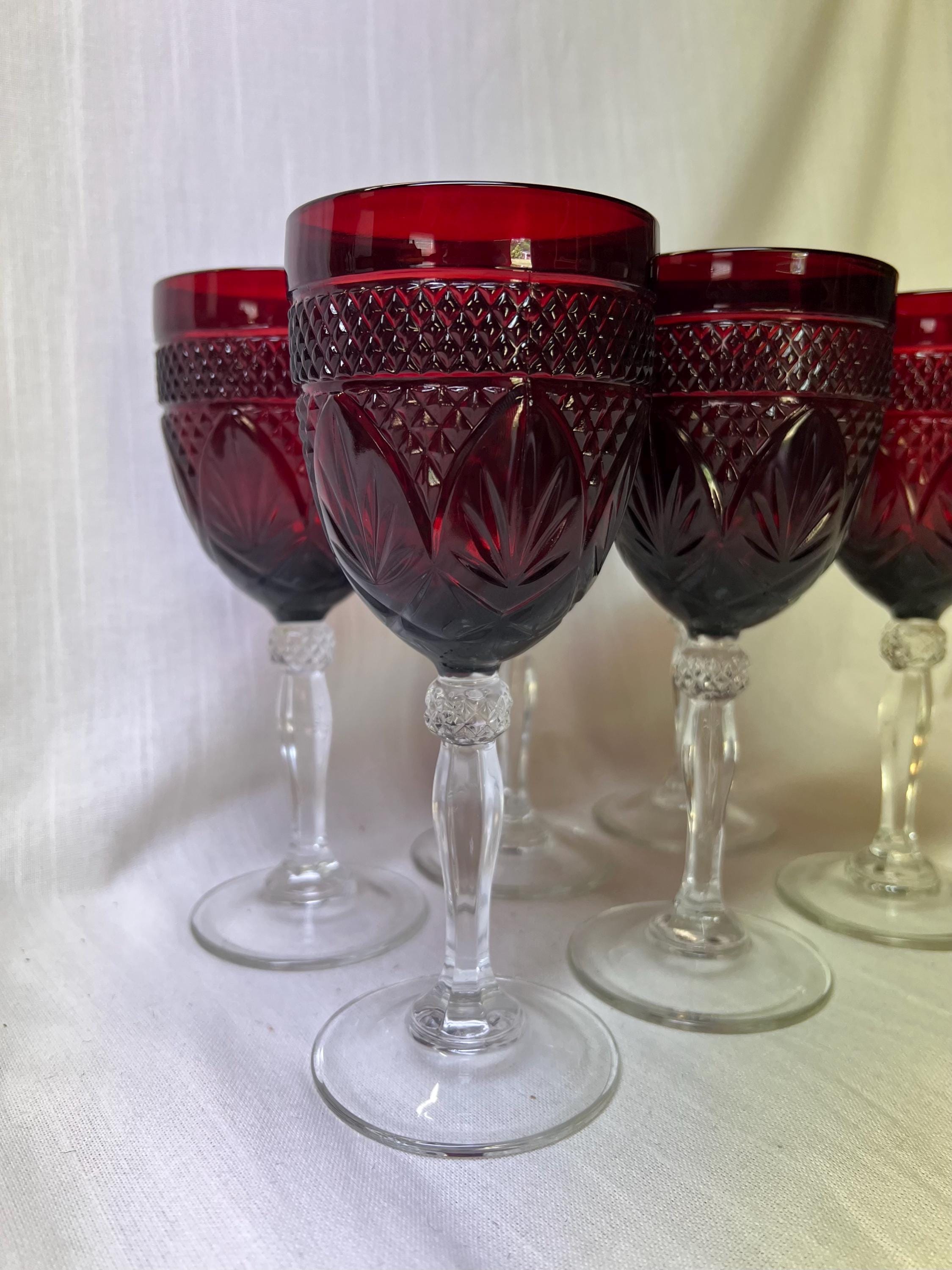 Vintage Ruby Red Cut Glass Goblets – Set of 6 | Elegant Wine Glasses ...