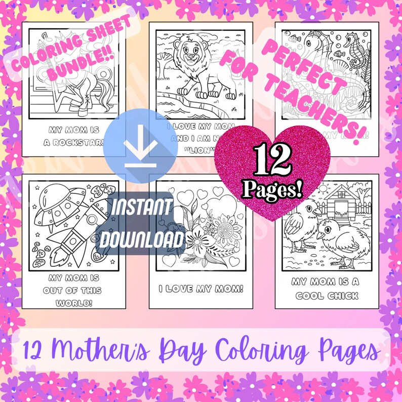 Happy Mother's Day Printable Coloring Page Bundle, 12 Color Sheets for ...