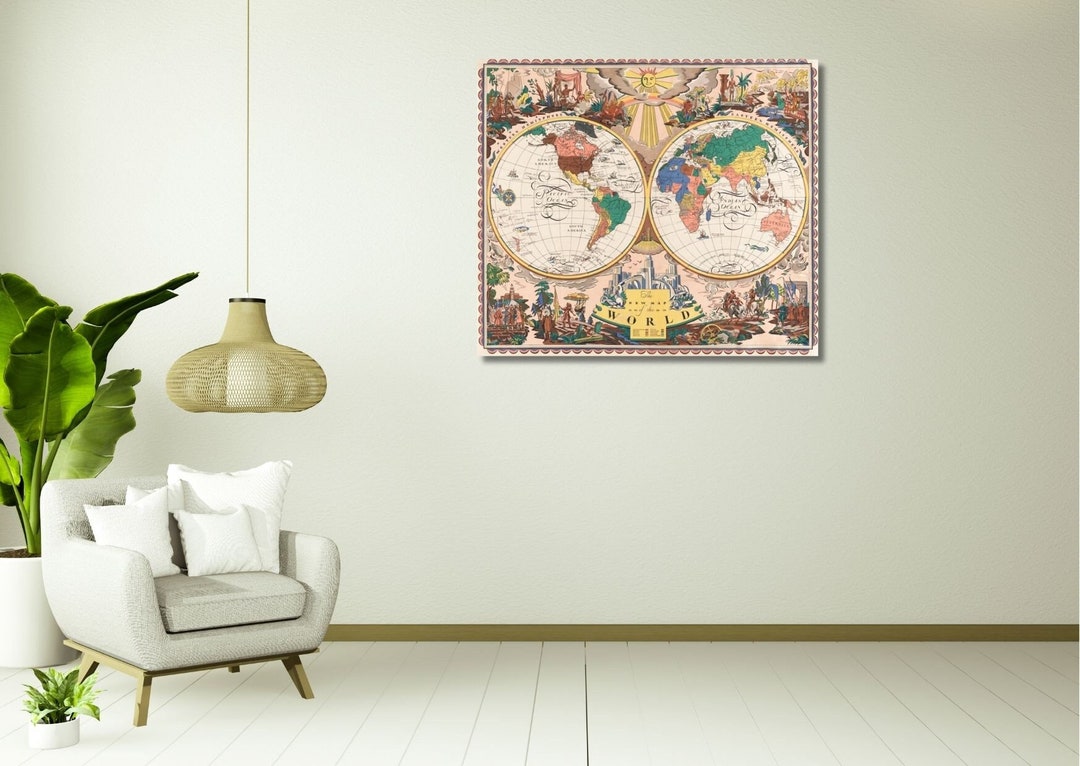 Historic Map, New Map of the World, 1928, World Map Wall Art Canvas ...