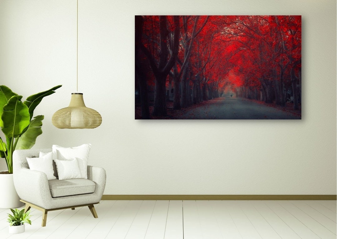 Beautiful Red Tree Park Print,red Leaves Forest Canvas Wall Art ...