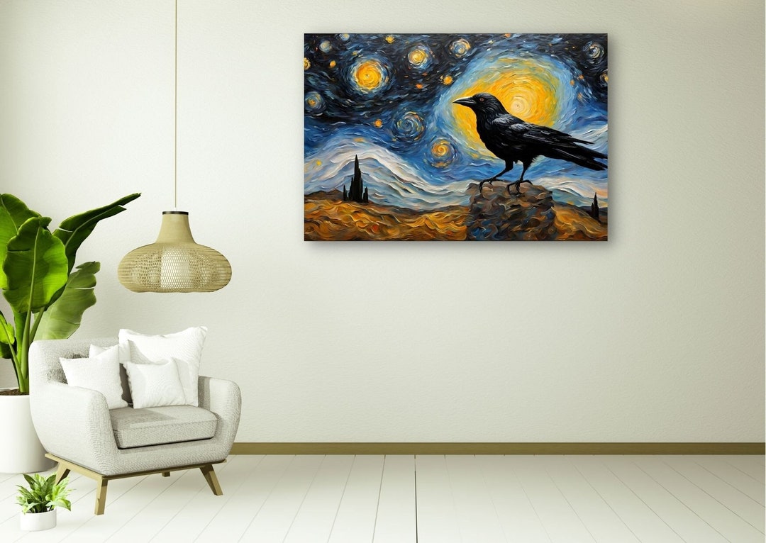 Raven Crow Canvas Wall Art, Crow Bird Wall Art Print, Raven Art Black ...