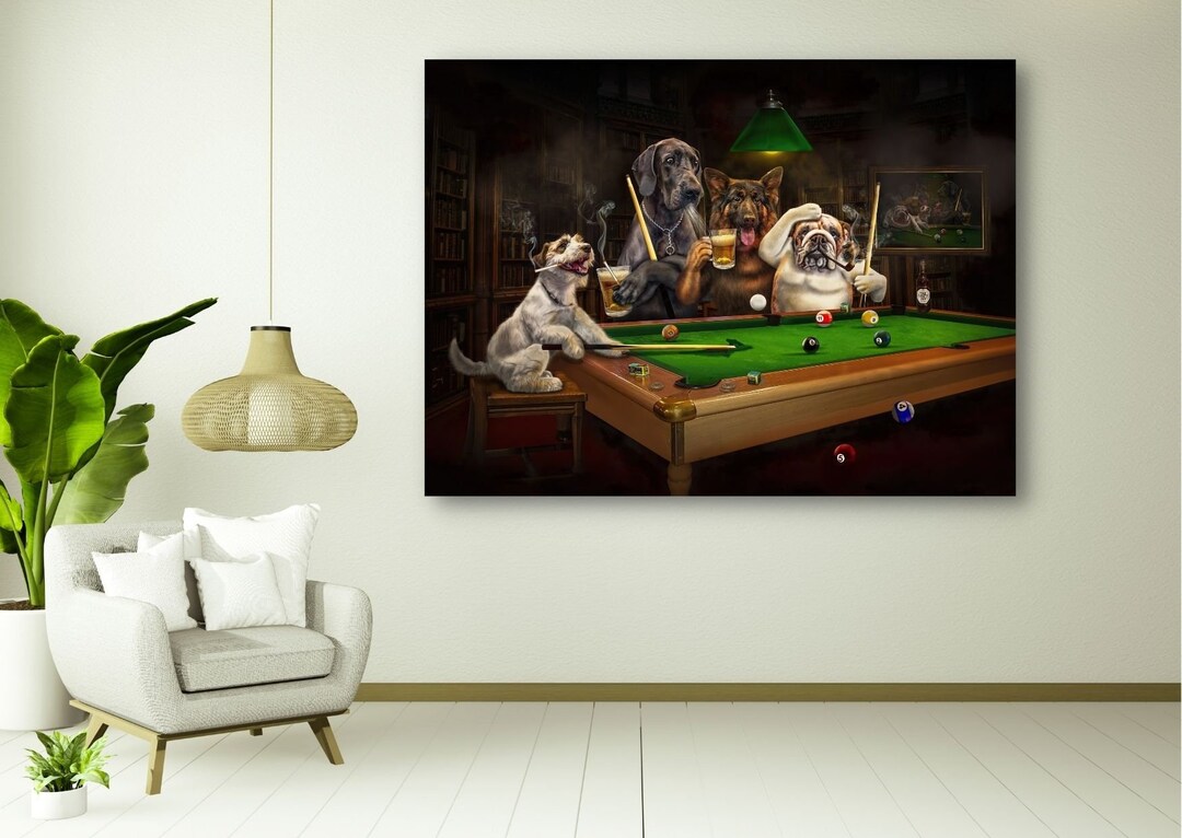 Dogs Playing Bilardo Poster, Painting Canvas Wall Art, Dogs Playing ...