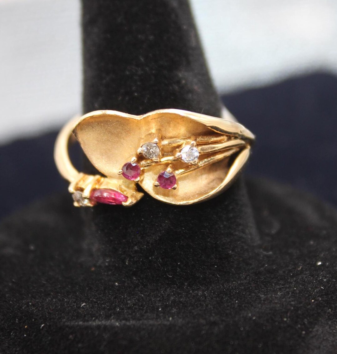 Rare, Custom Designed Ruby and Diamond Floral Themed 14kt Gold Ring ...