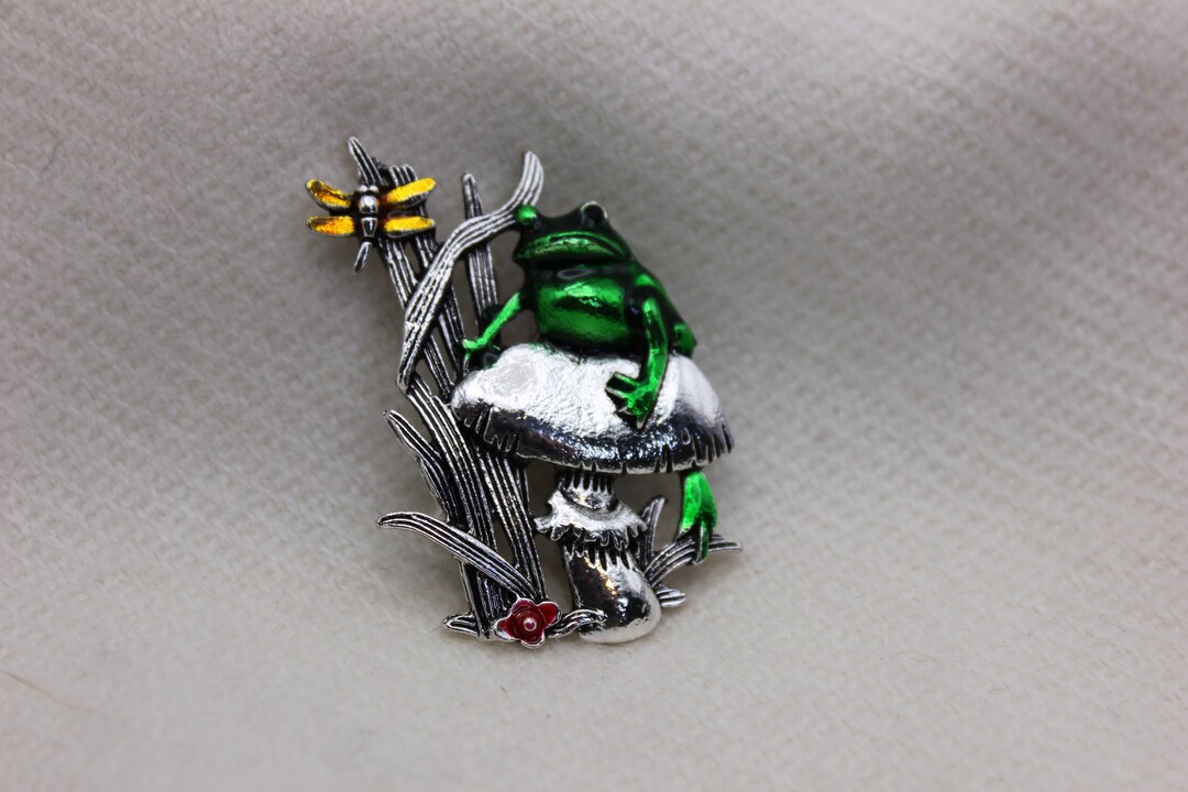 Whimsical Toadstool Brooch With Frog and Dragonfly Detail. Silver Metal ...
