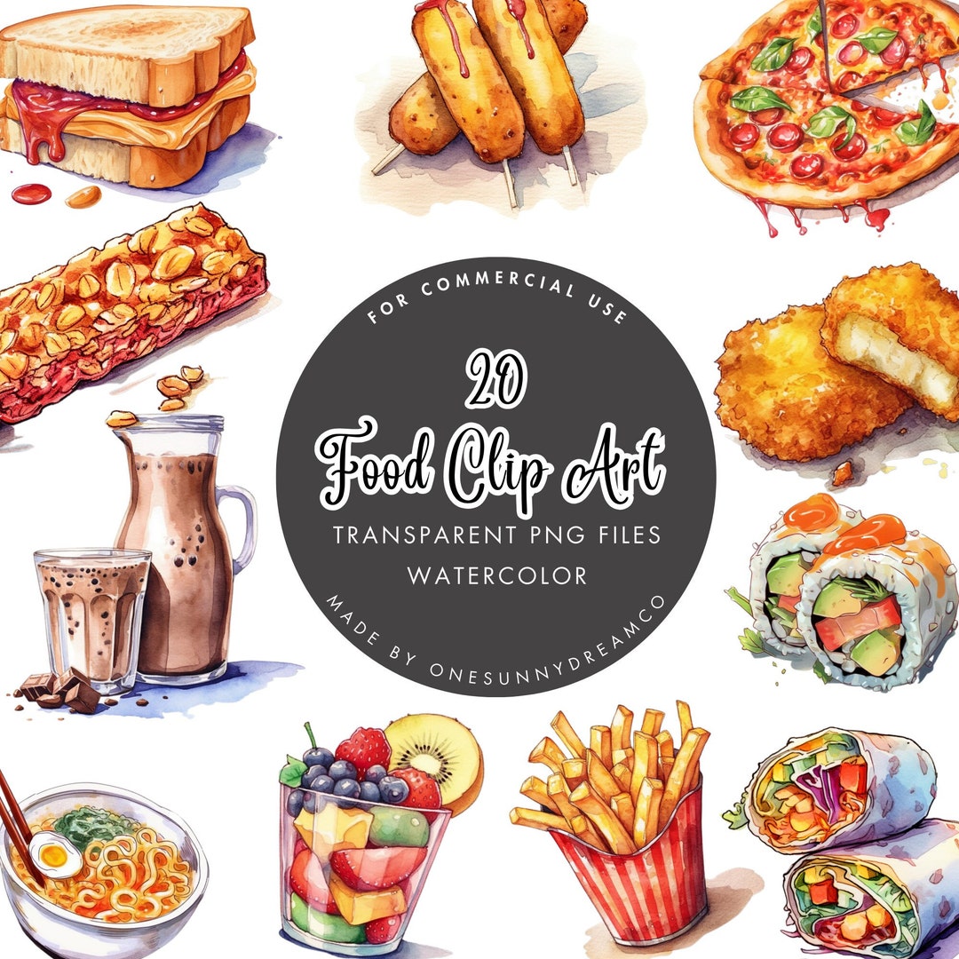 Watercolor Food Clip Art PNG Set, 20 Food Clipart, Commercial Use Clip ...